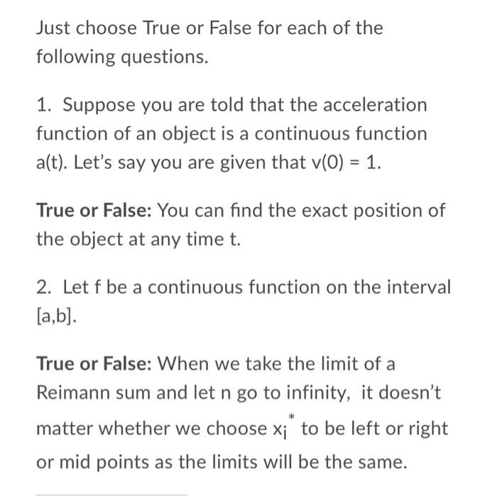 Solved Just choose True or False for each of the following | Chegg.com