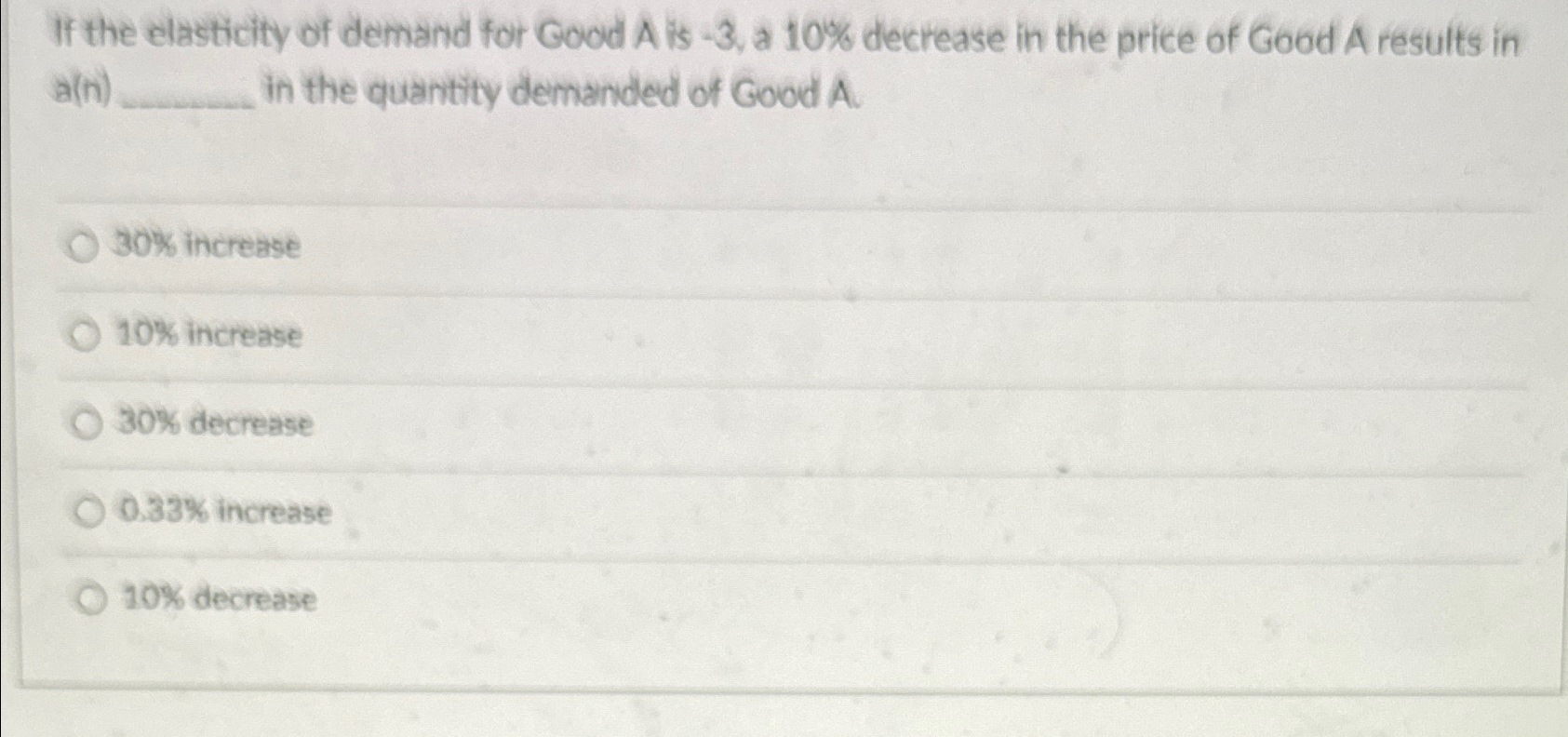 Solved If the elasticity of demand for Good A is -3, ﻿a 10% | Chegg.com