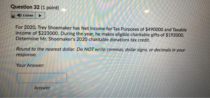 Solved Question 32 (1 point) Listen For 2020, Trey Shoemaker | Chegg.com