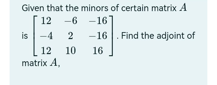 Solved Given that the minors of certain matrix A is | Chegg.com