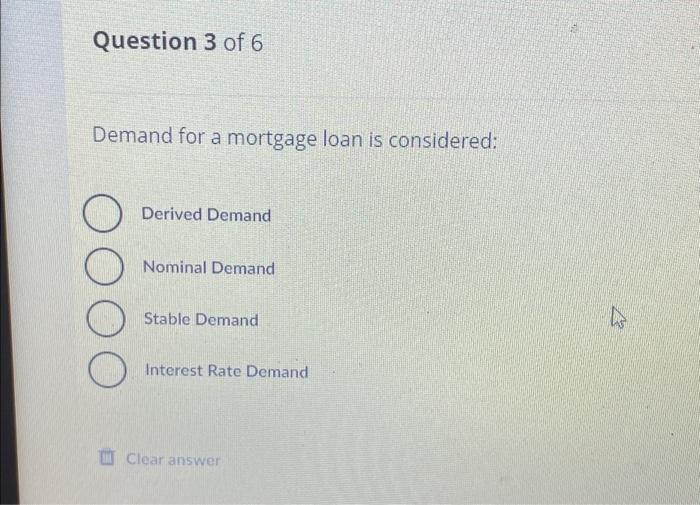 Solved Question 3 of 6 Demand for a mortgage loan is | Chegg.com