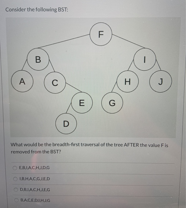 Solved Consider the following BST: F. B A С Н. J E G D What | Chegg.com