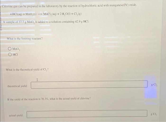Solved Chlorine gas can be prepared in the laboratory by the | Chegg.com