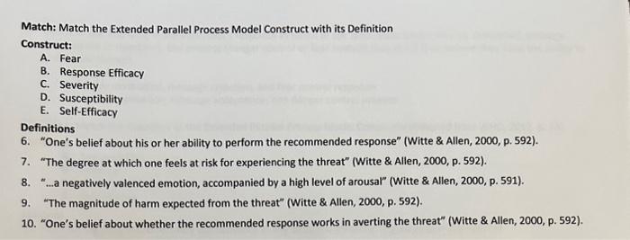 Solved Match: Match the Extended Parallel Process Model | Chegg.com