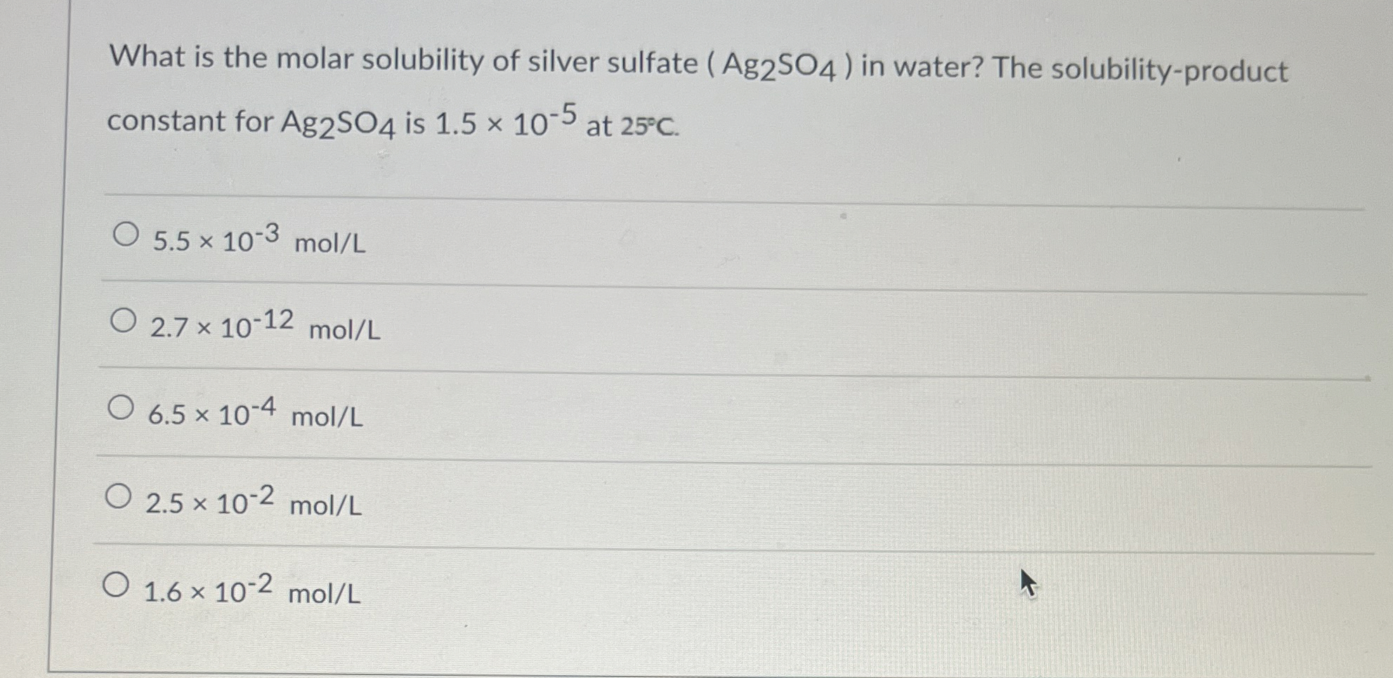 Solved What is the molar solubility of silver sulfate | Chegg.com