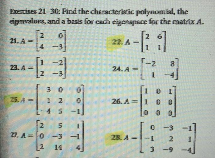 Solved Exercises 21-30: Find the characteristic polynomial, | Chegg.com