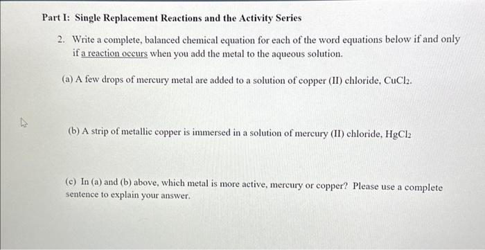 Solved Part I: Single Replacement Reactions and the Activity | Chegg.com