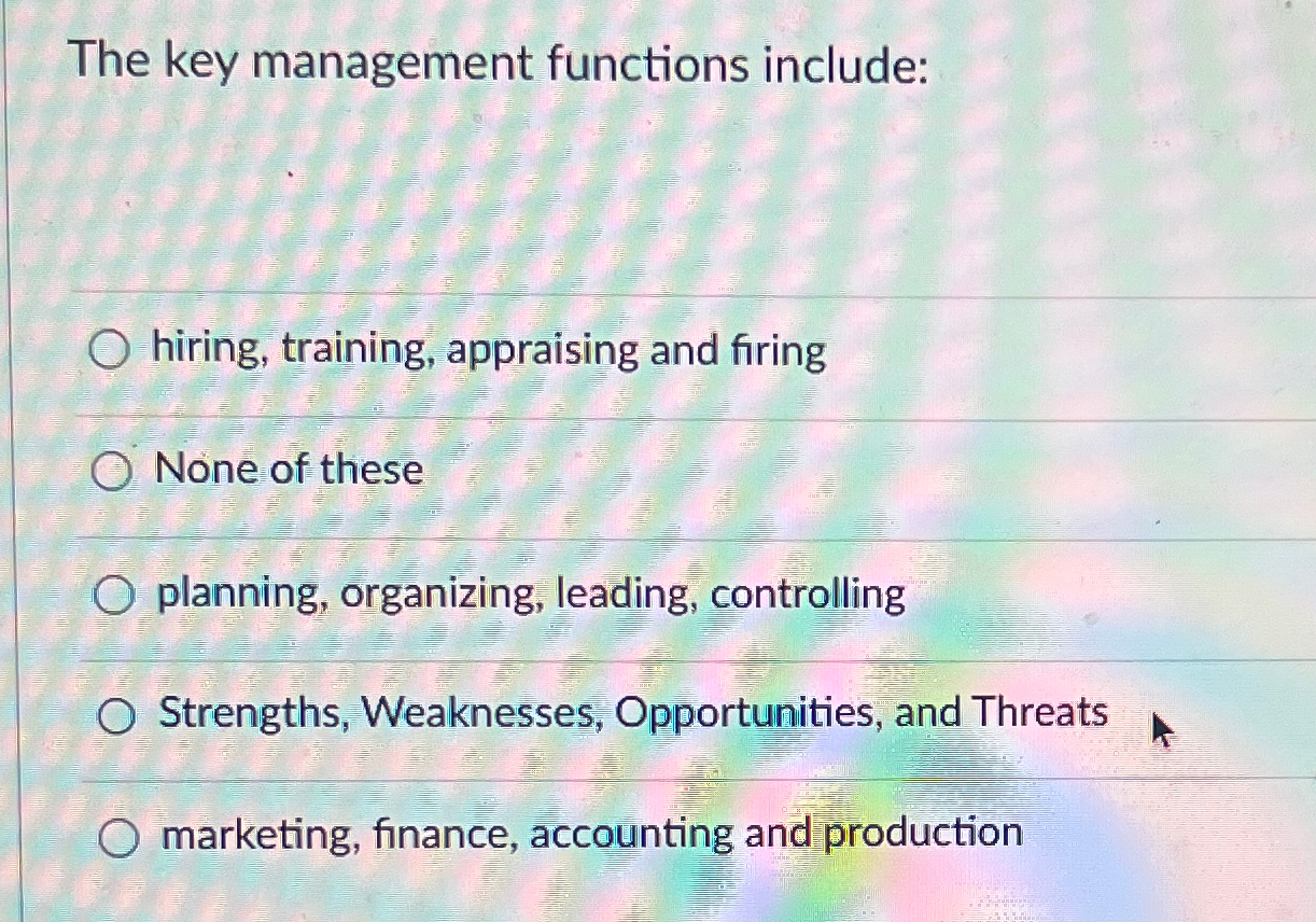 Solved The key management functions include:hiring, | Chegg.com