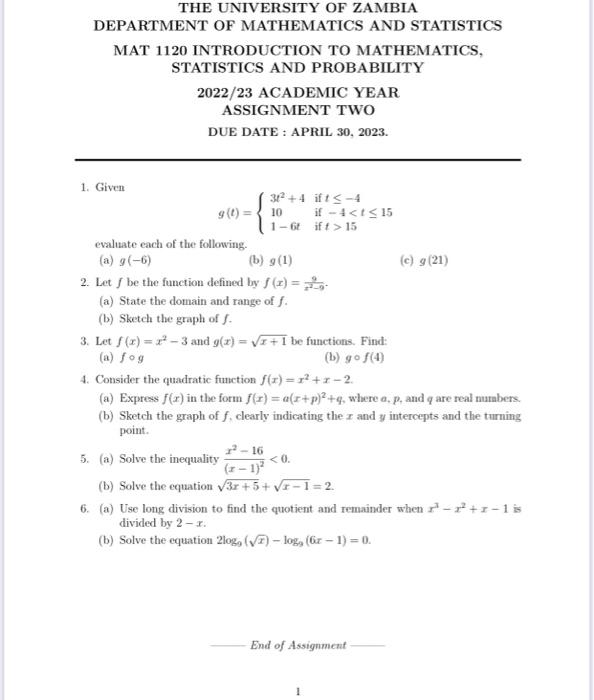 Solved THE UNIVERSITY OF ZAMBIA DEPARTMENT OF MATHEMATICS | Chegg.com