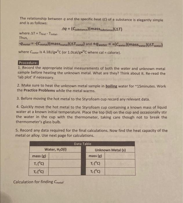 Identifying a Metal by its Specific Heat Capacity, C | Chegg.com
