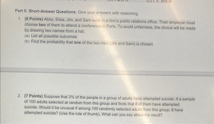 Solved Part II. Short-Answer Questions: Give your answers | Chegg.com