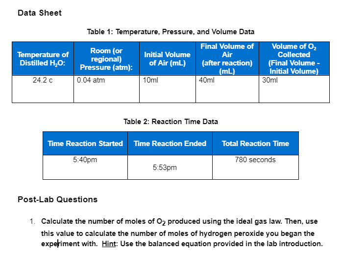 Data SheetTable 1: Temperature, Pressure, and Volume | Chegg.com