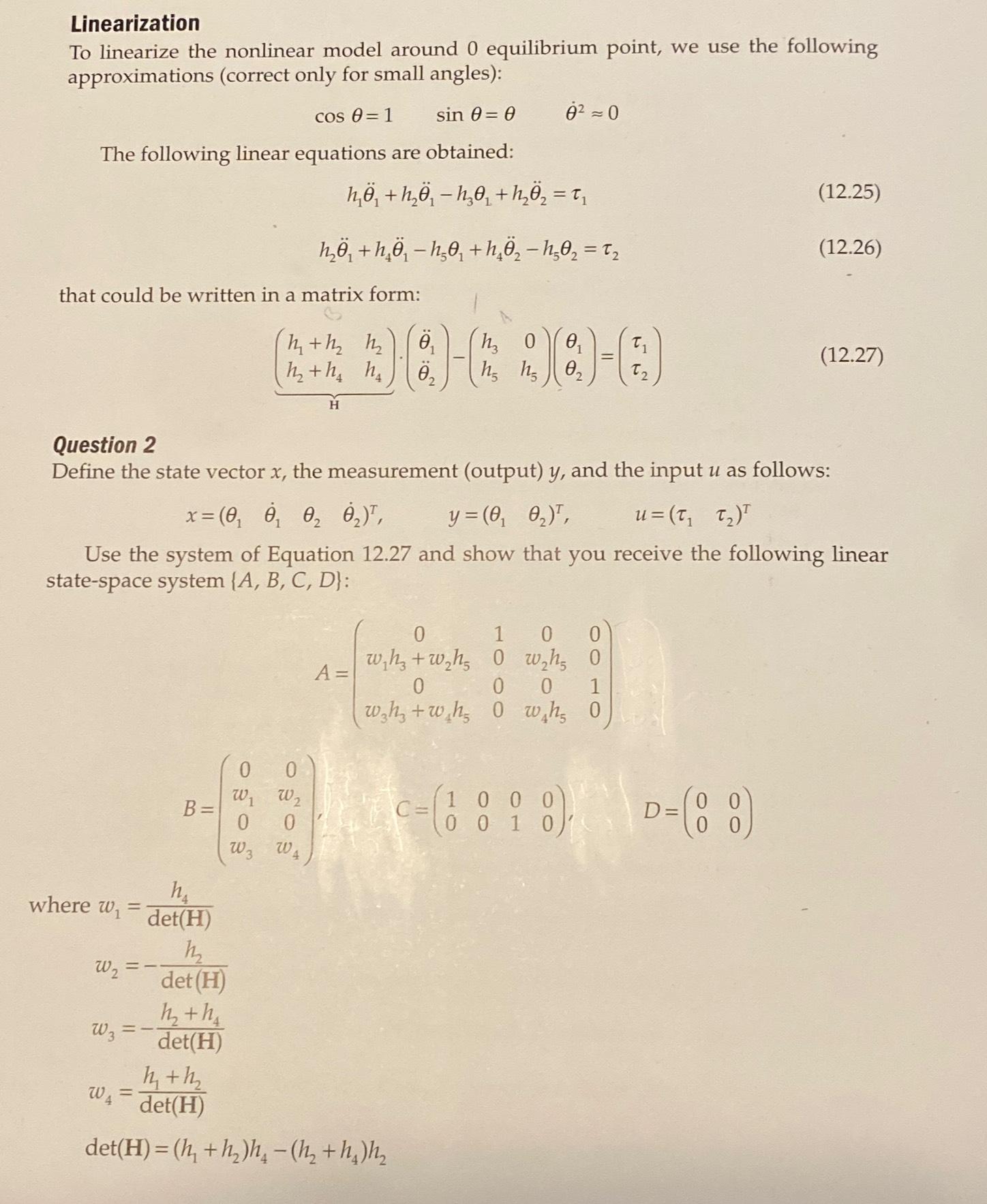 Solved LinearizationTo linearize the nonlinear model around | Chegg.com