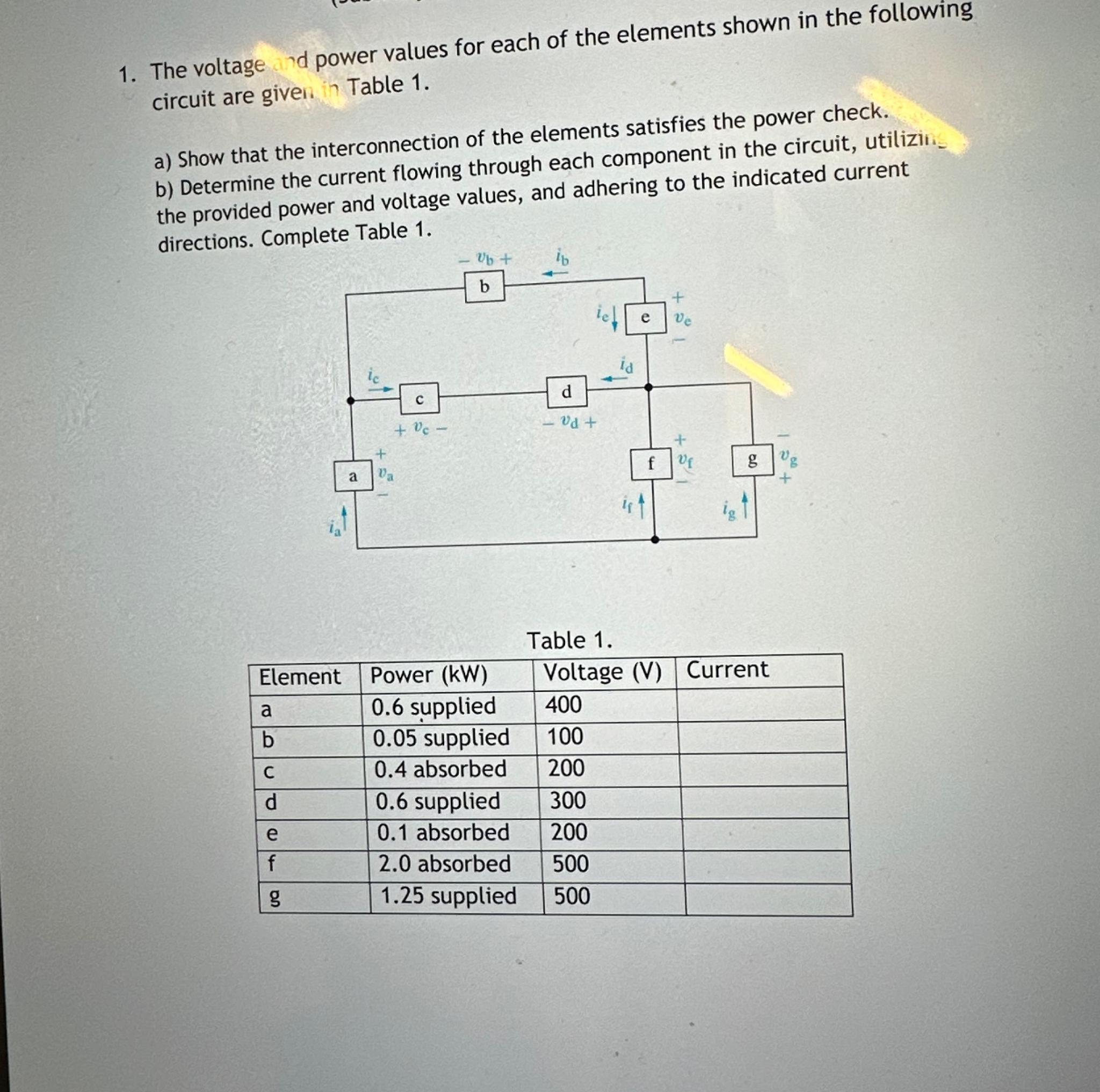 Solved The voltage and power values for each of the elements | Chegg.com