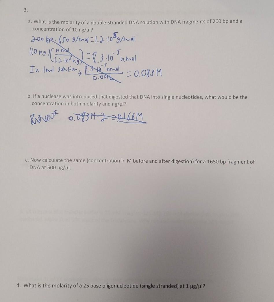 Solved 3. a. What is the molarity of a double-stranded DNA | Chegg.com