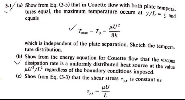 (a) Show from Eq. (3-5) that in Couette flow with | Chegg.com