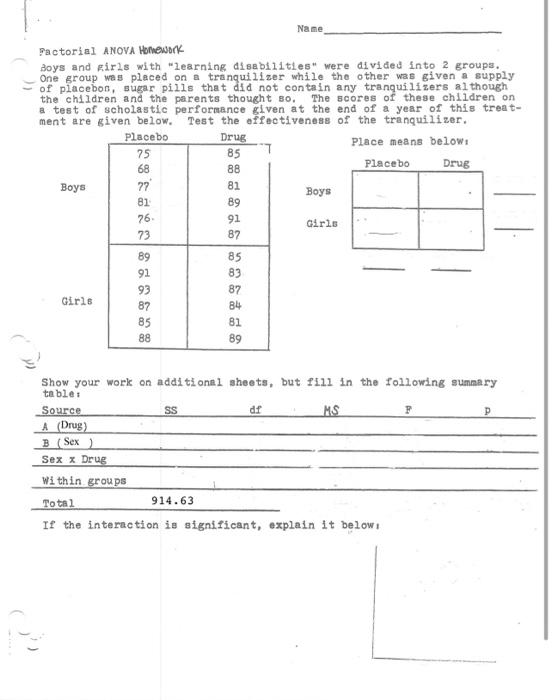 Solved Factorial ANOVA Homework doys and Firls with | Chegg.com