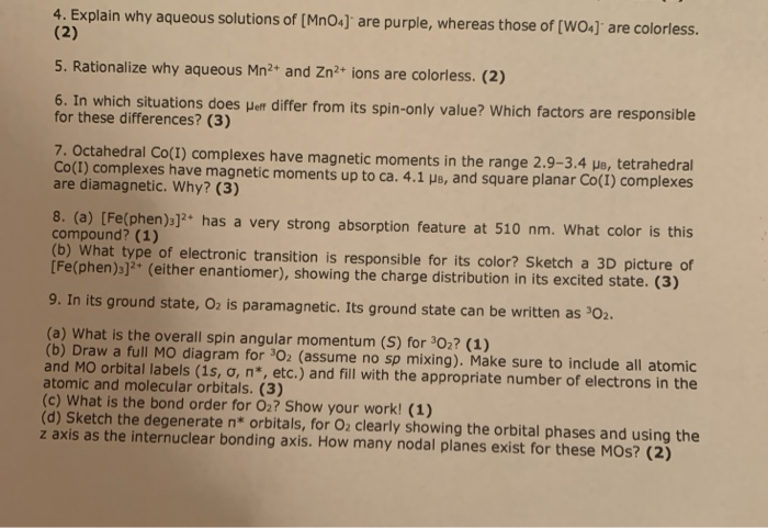 Solved 4. Explain why aqueous solutions of (MnO4] are | Chegg.com