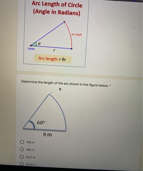 Solved Arc Length of Circle (Angle in Radians) arc length Ꮎ | Chegg.com