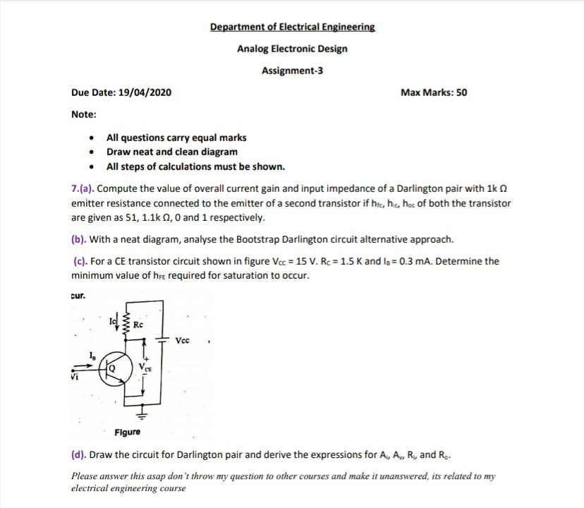Solved Department of Electrical Engineering Analog | Chegg.com