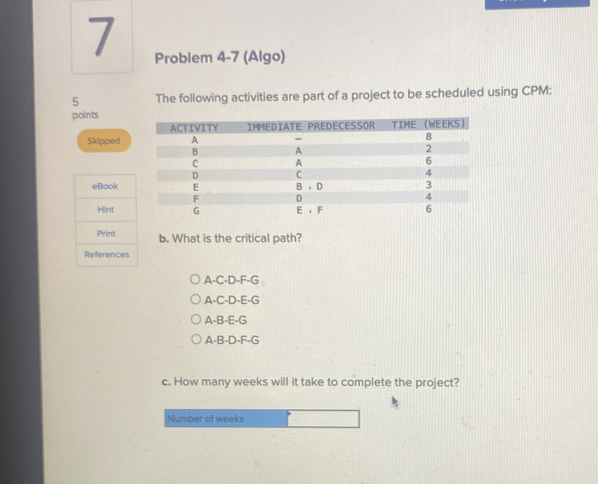 Solved Problem 4-7 (Algo)5 ﻿pointsThe following activities | Chegg.com
