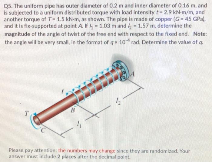 Solved Q5. The uniform pipe has outer diameter of 0.2 m and | Chegg.com