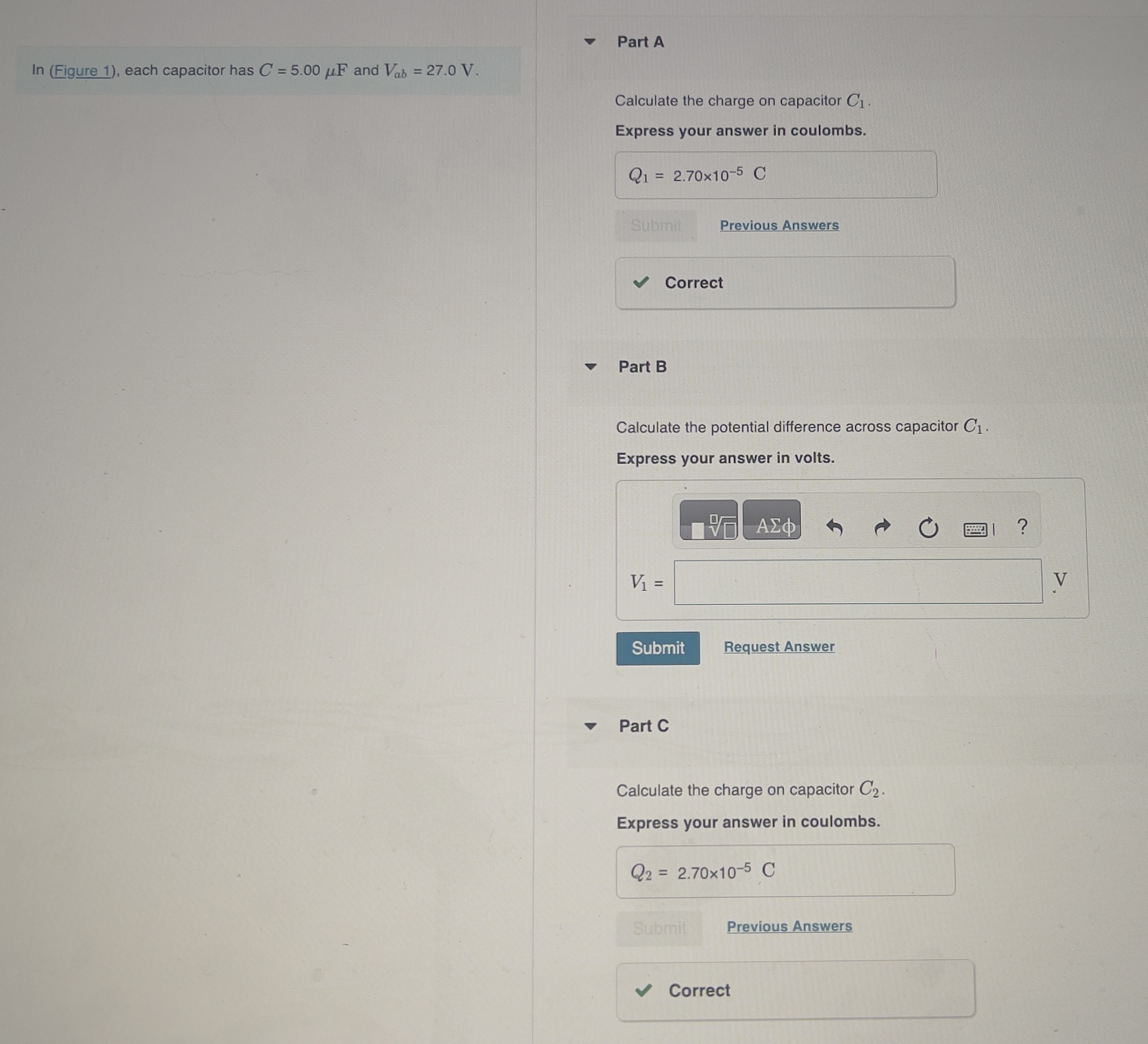 Part AIn (Figure 1), ﻿each capacitor has C=5.00μF | Chegg.com