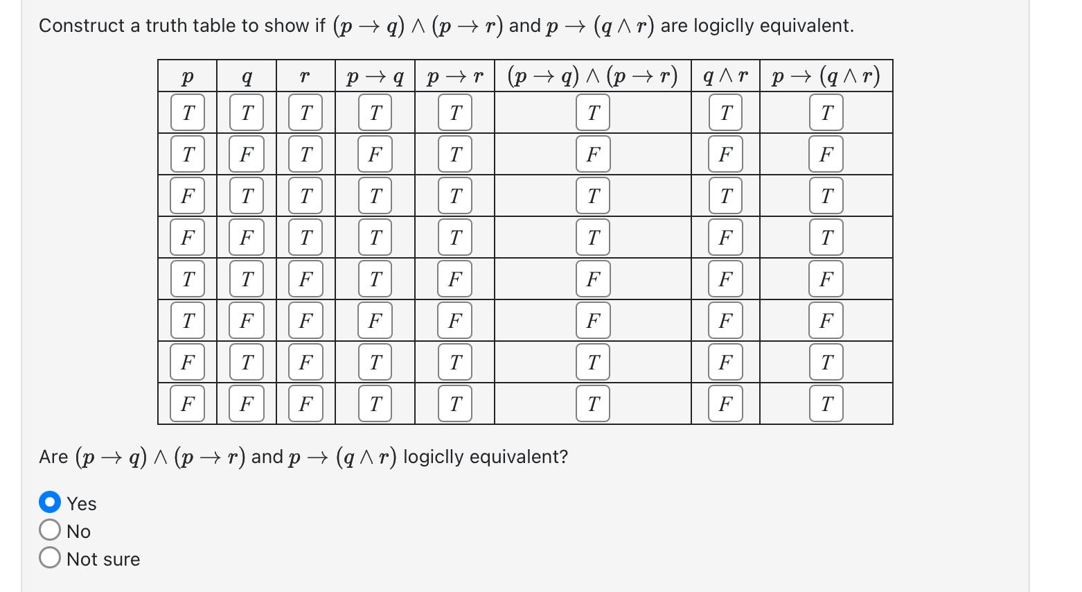 Solved Construct a truth table to show if (p->q)^(^())(p->r) | Chegg.com
