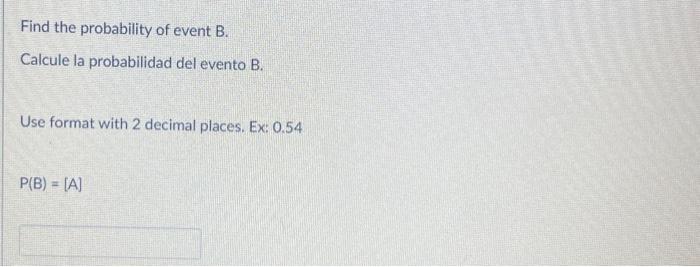 Solved Find the probability of event B. Calcule la | Chegg.com