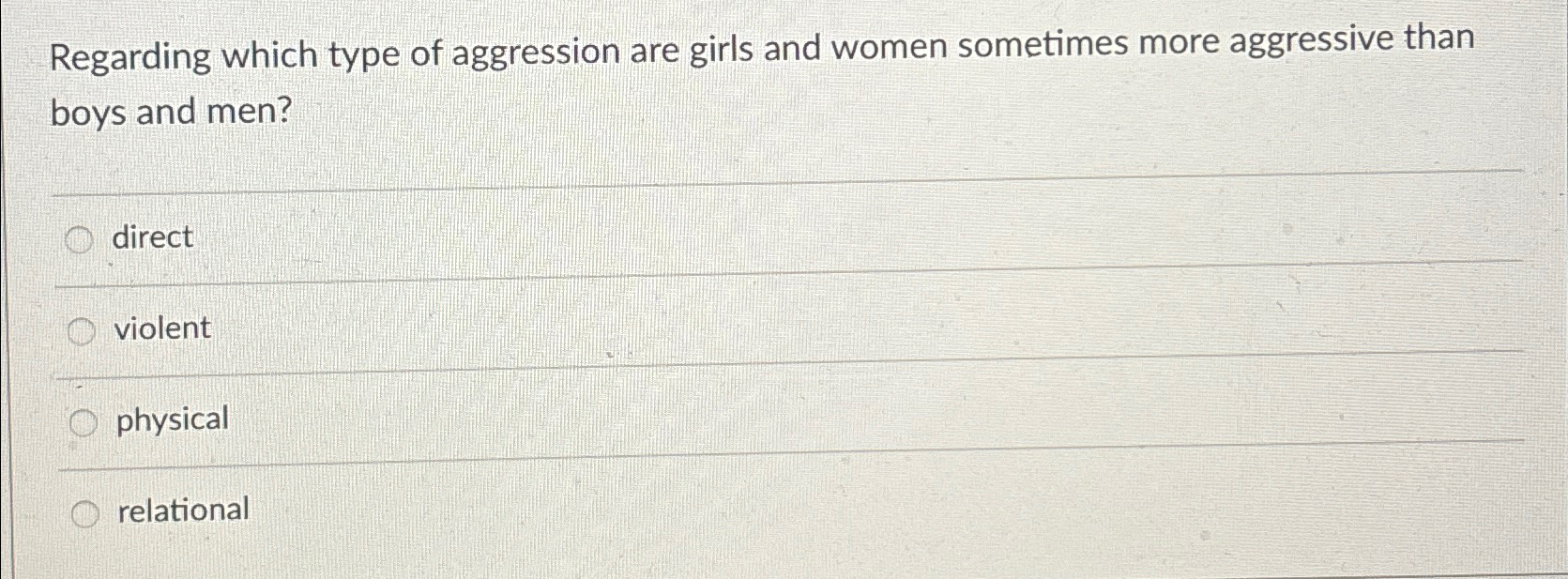 Solved Regarding which type of aggression are girls and | Chegg.com