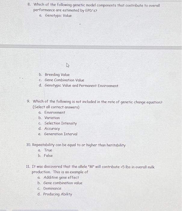 Solved 8. Which of the following genetic model components | Chegg.com