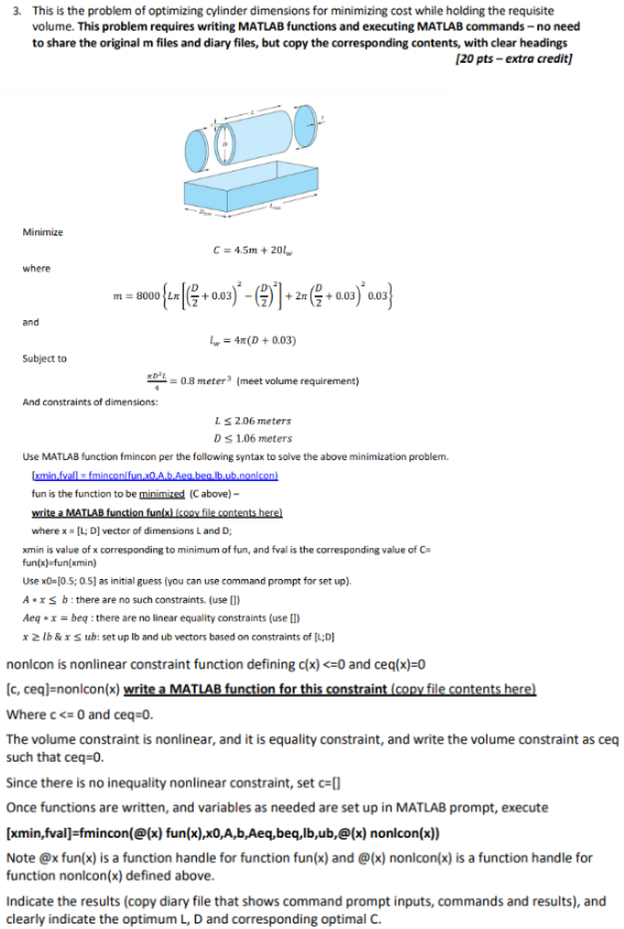 Solved This is the problem of optimizing cylinder dimensions | Chegg.com