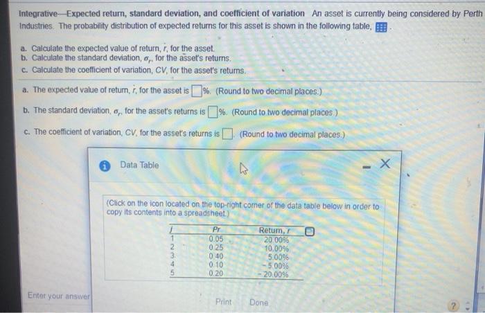 Solved Integrative-Expected return, standard deviation, and | Chegg.com