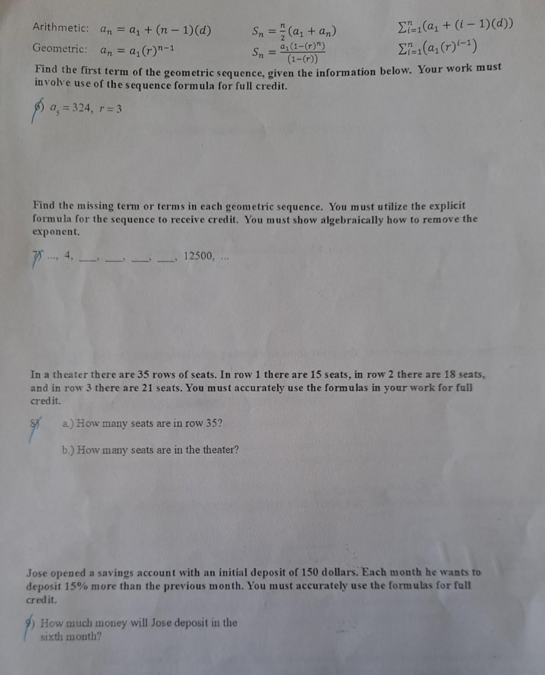 Solved Arithmetic: an = a1 + (n - 1)(d) Sn = (a + an) S7=(a1 | Chegg.com