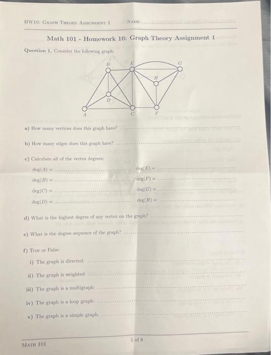 HW10: GRAPH THEORY ASSIGNMENT 1 Question 1. Consider | Chegg.com