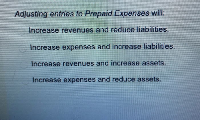 Solved Adjusting entries to Prepaid Expenses will: Increase | Chegg.com