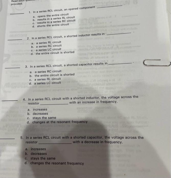 Solved 1. In a series ACL circuit, an opened component a. | Chegg.com
