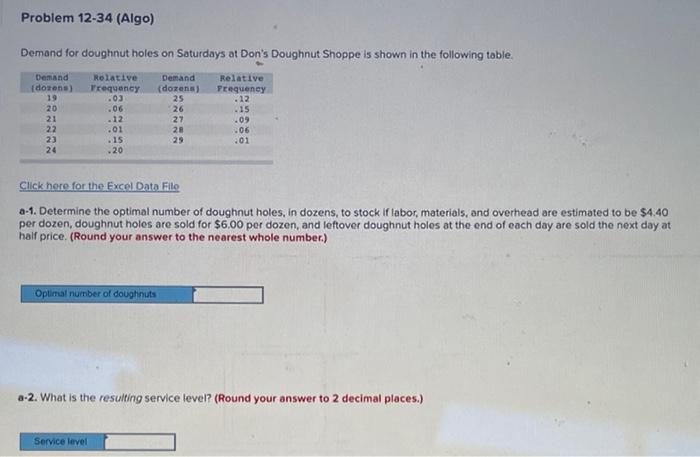 Solved Problem 12-34 (Algo) Demand for doughnut holes on | Chegg.com