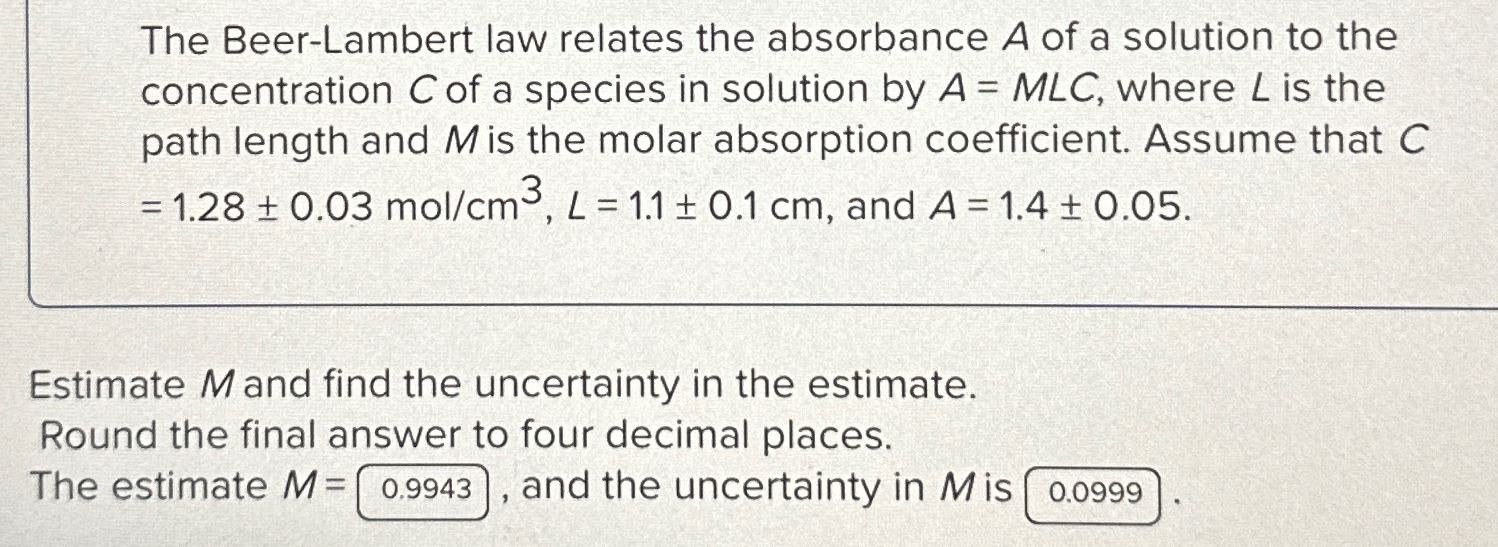 Solved The Beer-Lambert law relates the absorbance A ﻿of a | Chegg.com