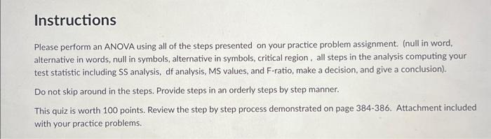 Solved Instructions Please perform an ANOVA using all of the | Chegg.com