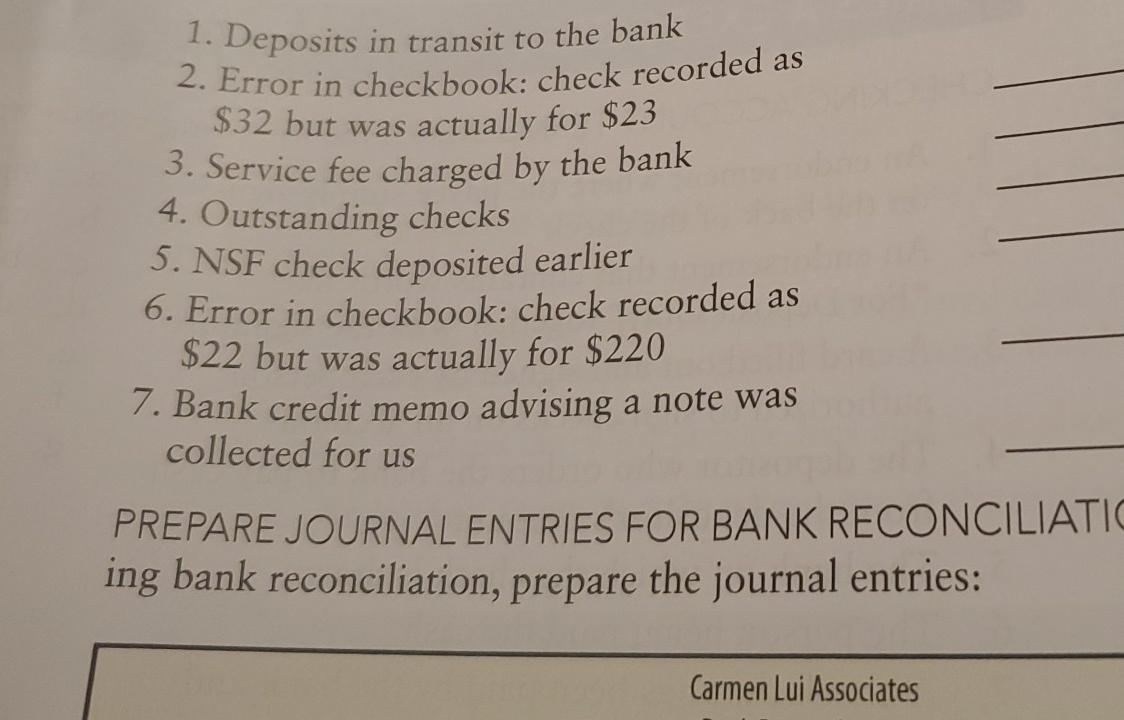 Solved 1. Deposits in transit to the bank 2. Error in | Chegg.com