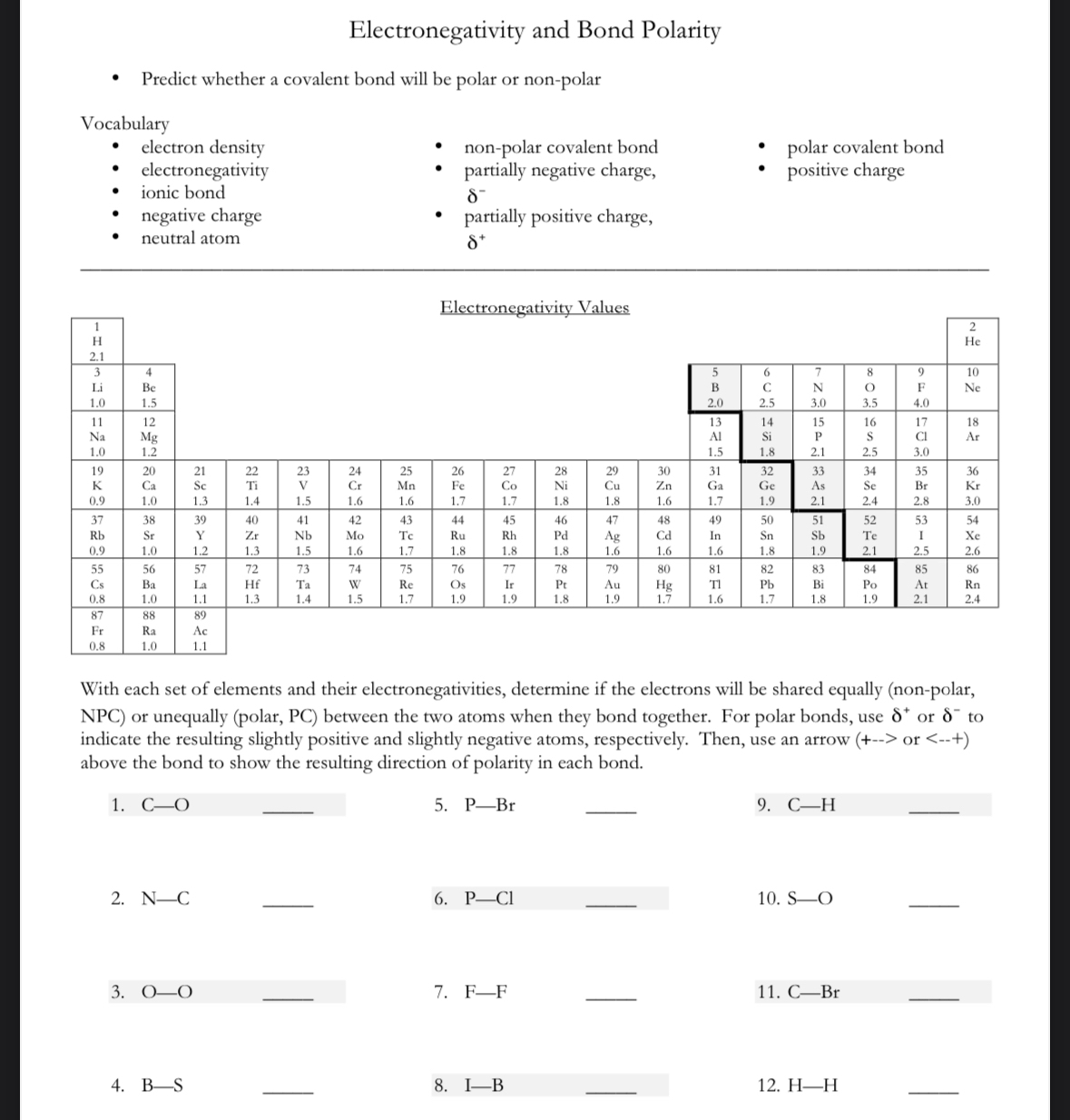 Solved Electronegativity and Bond PolarityPredict whether a | Chegg.com