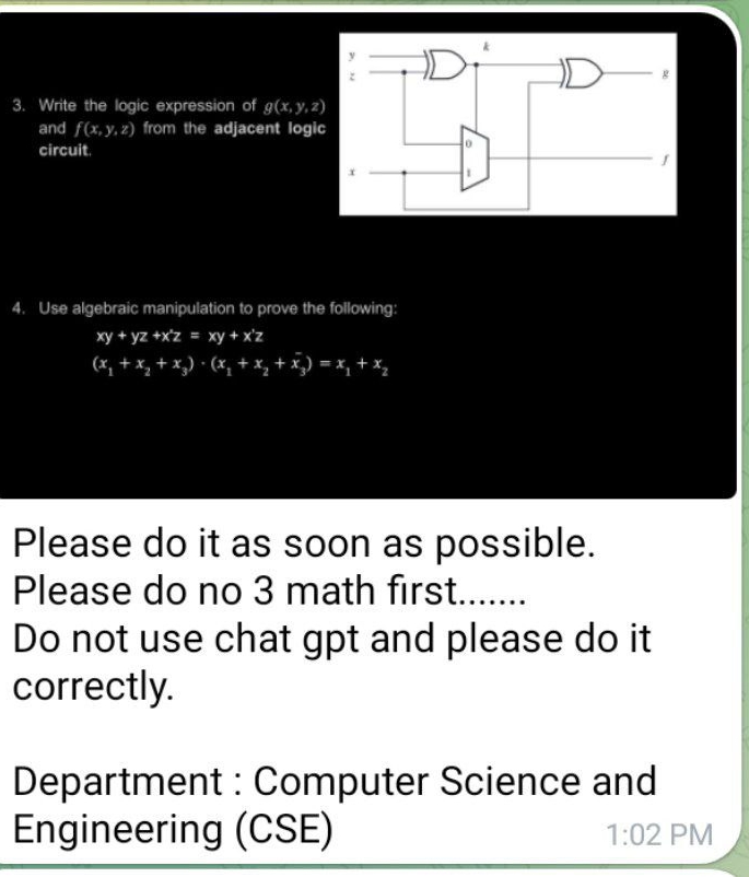Write the logic expression of g(x,y,z) ﻿and f(x,y,z) | Chegg.com