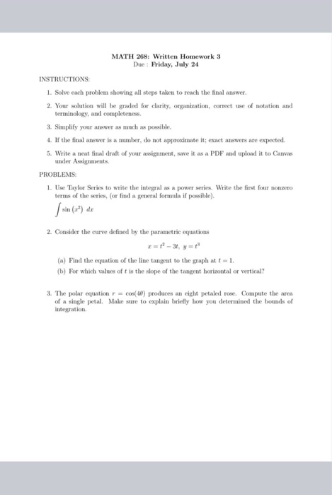 Solved MATH 268: Written Homework 3 Due : Friday, July 24 | Chegg.com