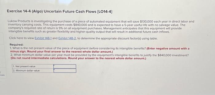 Solved Exercise 14-4 (Algo) Uncertain Future Cash Flows | Chegg.com Solved Exercise 14-4 (Algo) Uncertain Future Cash Flows | Chegg.com