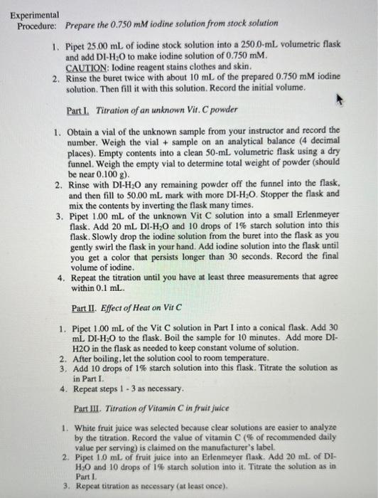 Solved Vitamin C Titration Data Part I: Titration of an | Chegg.com