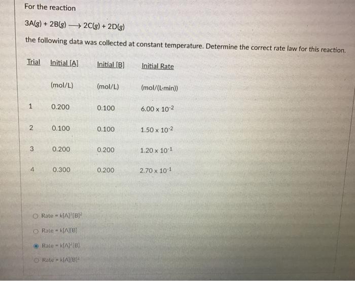 Solved For the reaction 3A(g) + 2B(g) + 2C(g) + 2D(8) the | Chegg.com