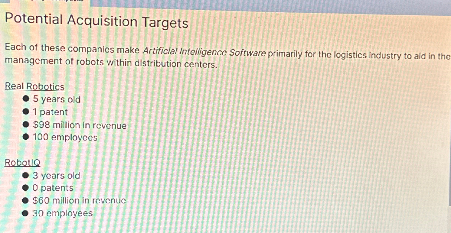 Solved Potential Acquisition TargetsEach of these companies | Chegg.com