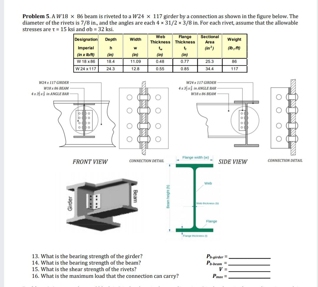 Solved Problem 5. A W18 x 86 beam is riveted to a W24 x 117 | Chegg.com