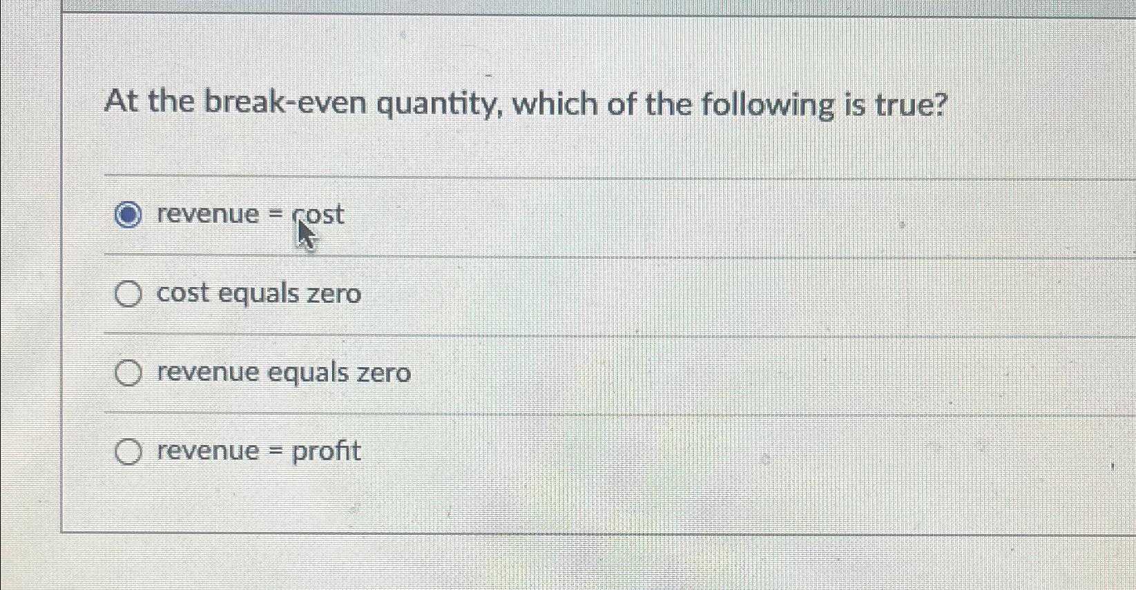 Solved At the break-even quantity, which of the following is | Chegg.com